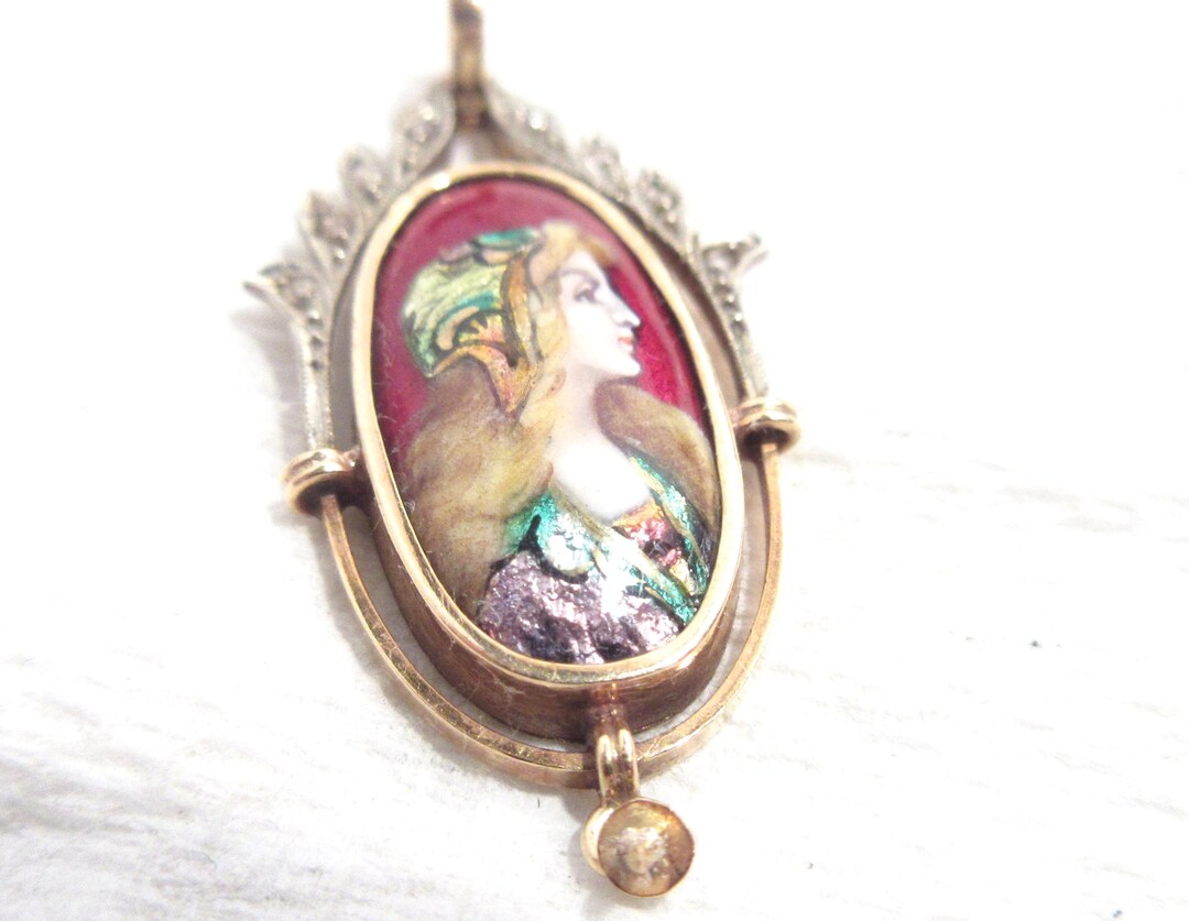 18 Karat Yellow Gold Limoges L Clement Enamel Portrait Pendant Missing ...