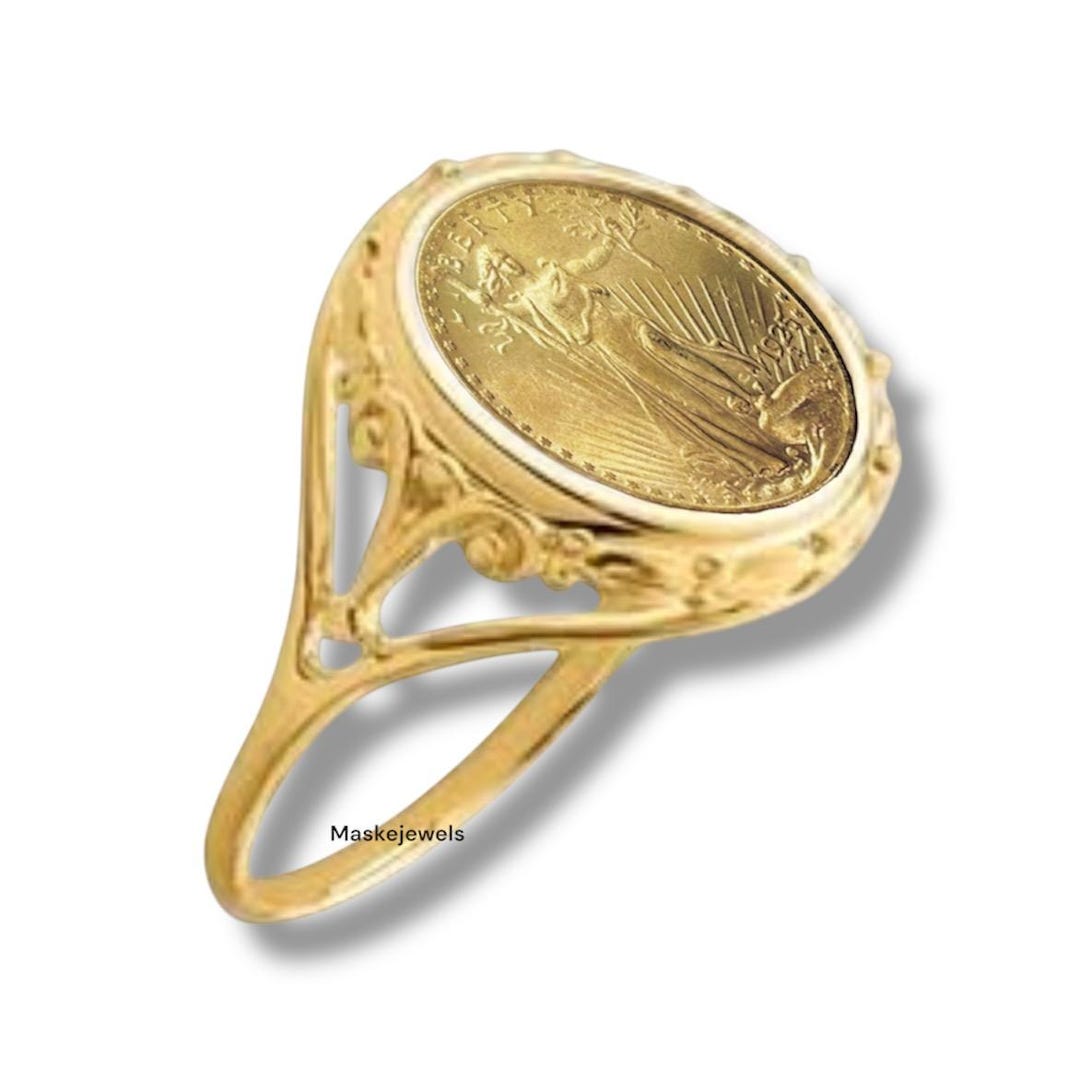 Vintage Liberty Coin Ring: 14k Gold Plated Sterling Silver Statement ...