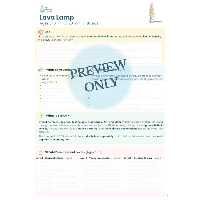 Lava Lamp STEAM Experiment | Density Science, Ages 3-6 (printable PDF ...
