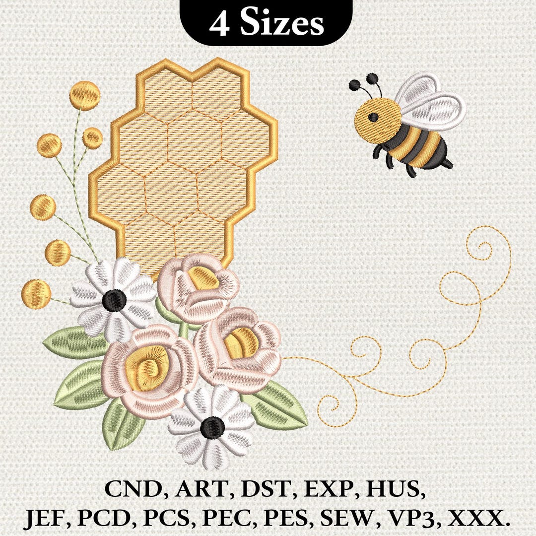 Floral Bee Machine Embroidery Design, Floral Bumblebee Embroidery ...