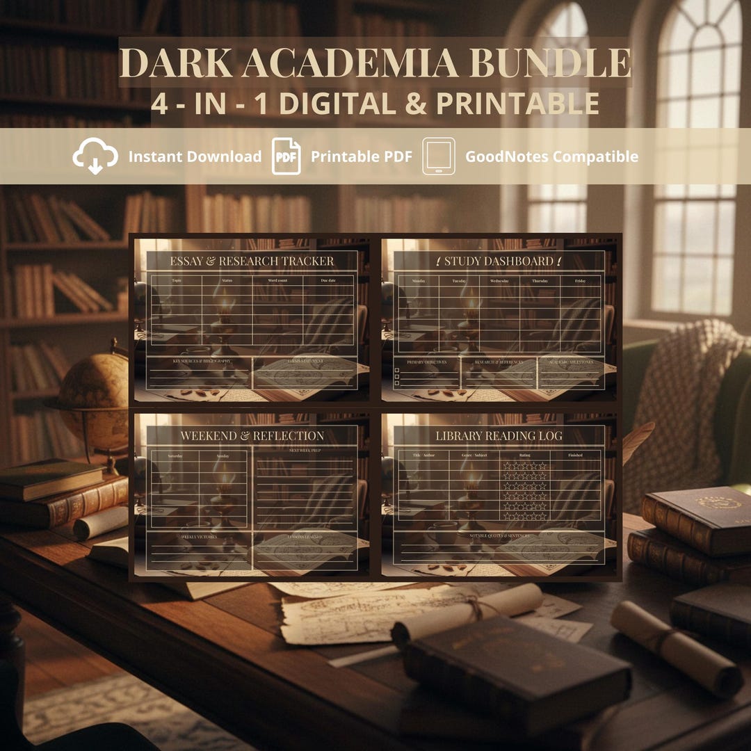 Dark Academia Student Planner Bundle Study Dashboard, Essay Tracker ...