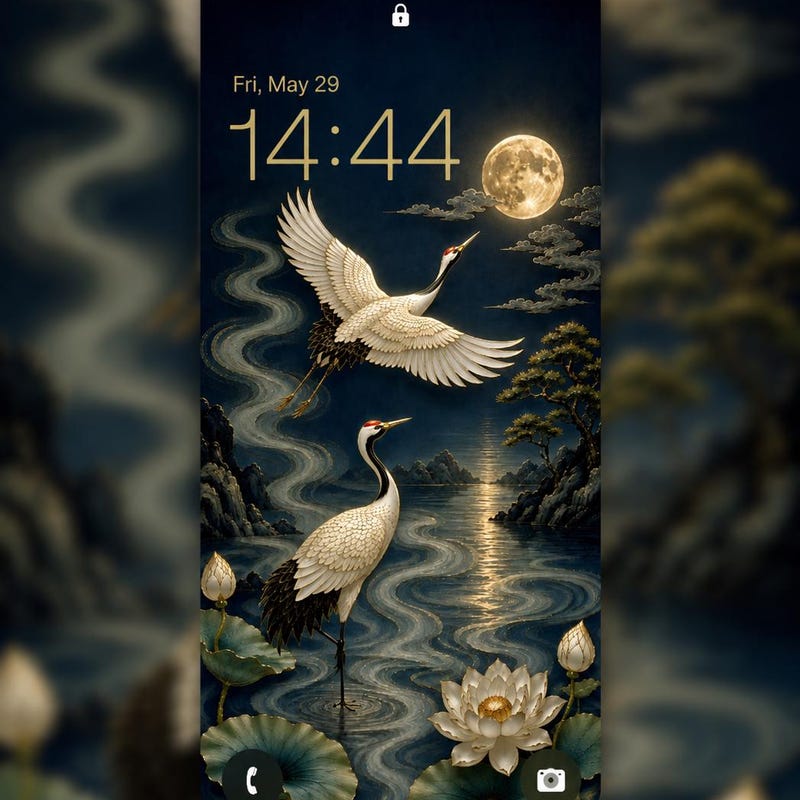 Cranes and Moon Wallpaper - Etsy