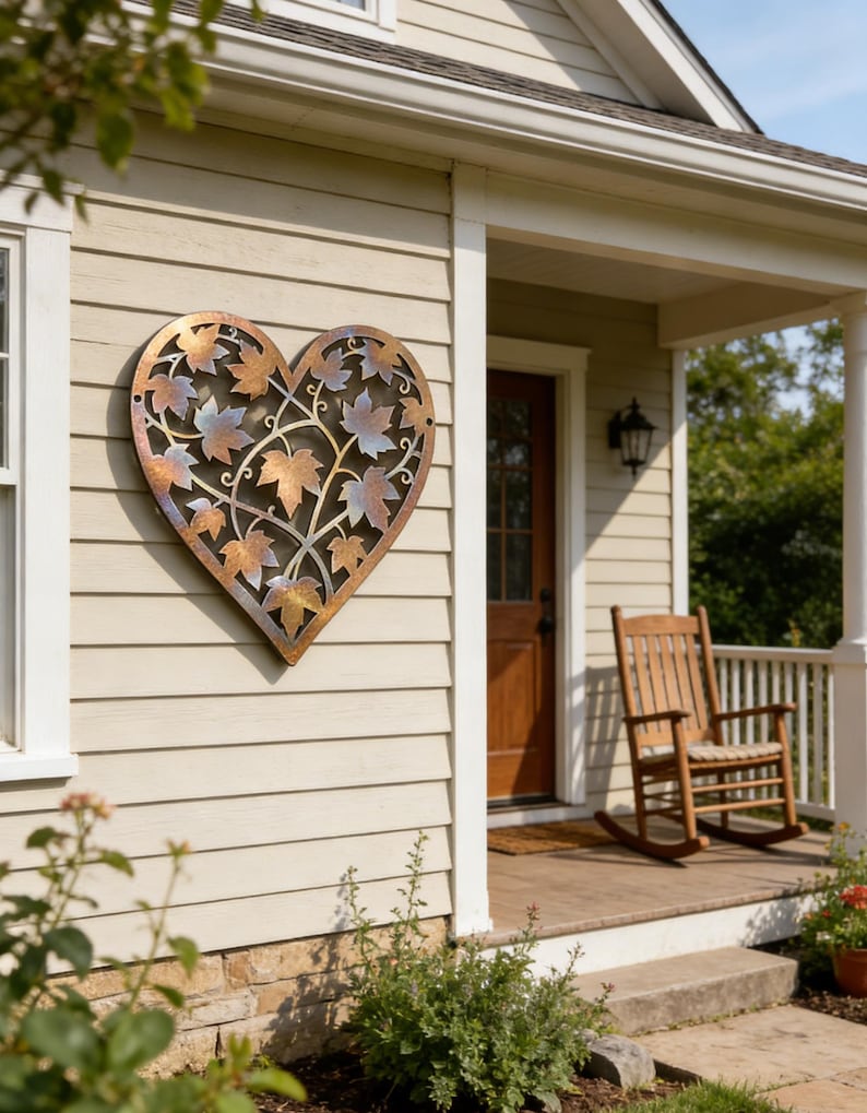 Fire Roasted Metal Heart Wall Art, Colorful Garden Decor, Maple Leaf ...