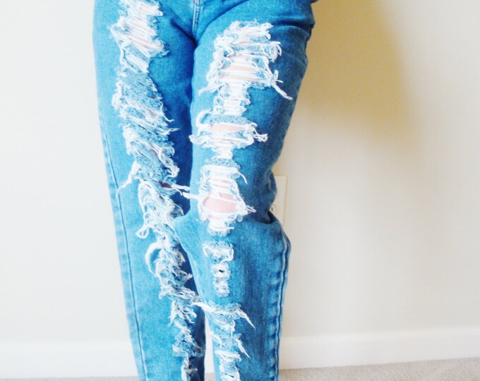 SHREDDED Ripped High Waisted Jeans 80's Peg Leg Tapered - Etsy