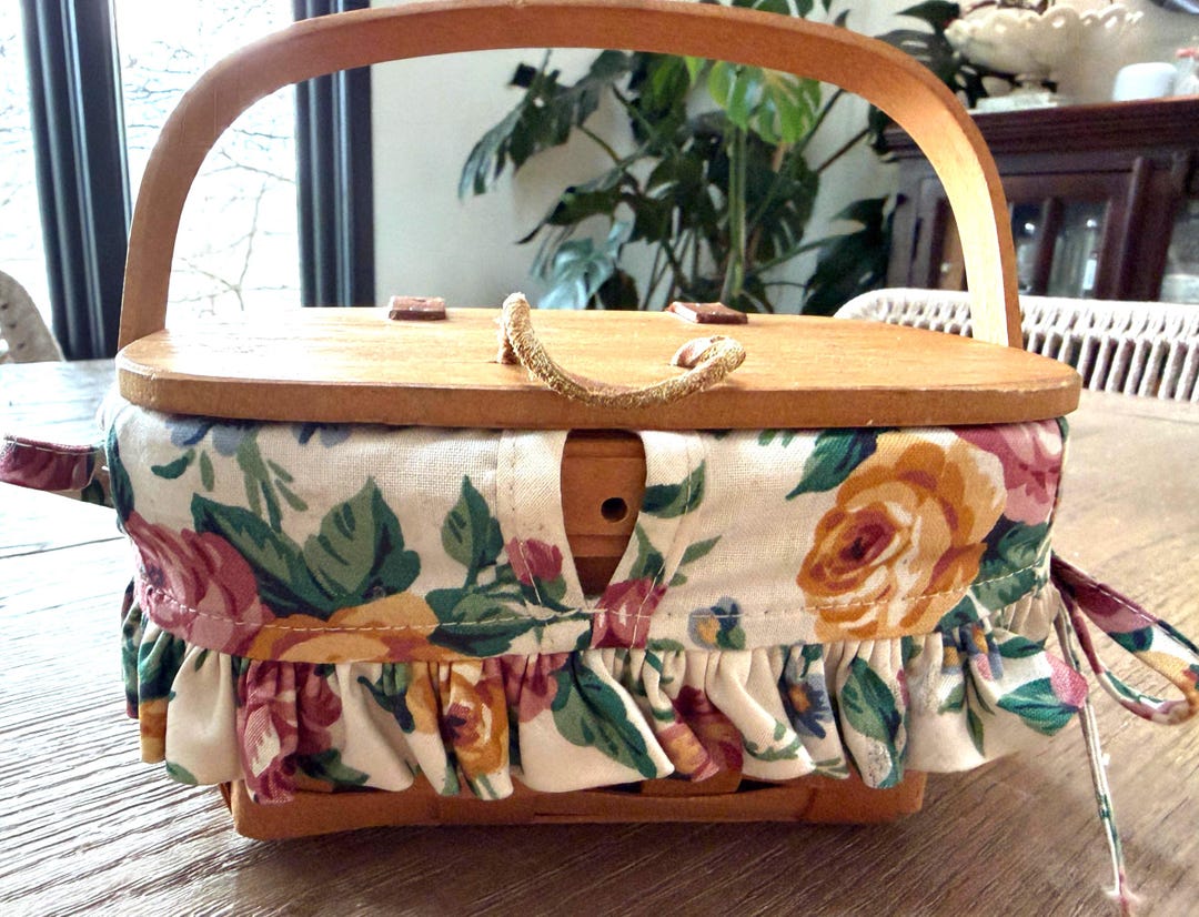 Mini Longaberger Basket With Wood Lid & Fabric Liner | Floral Cottage ...