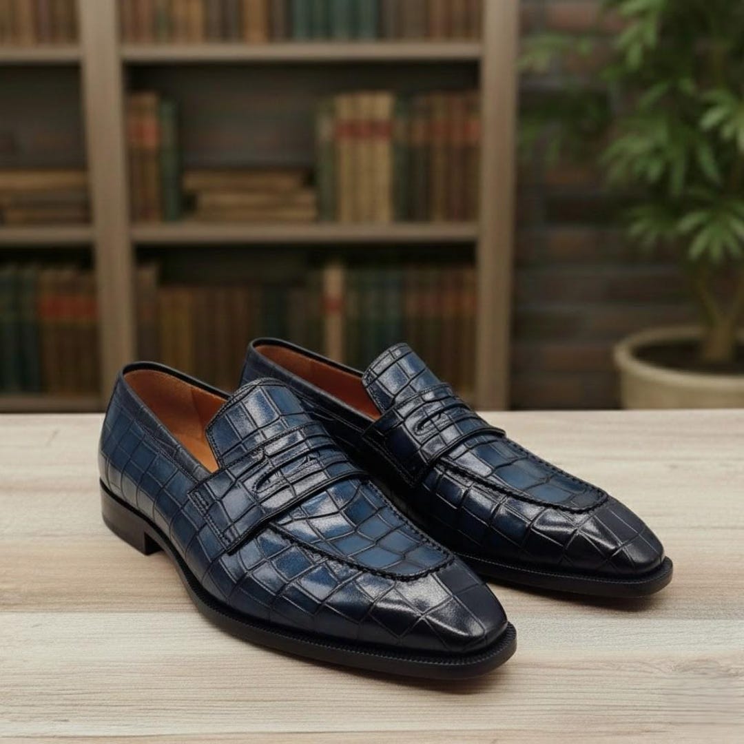 Blue Croc Penny Loafers – Handmade Exotic Leather Shoes - Etsy
