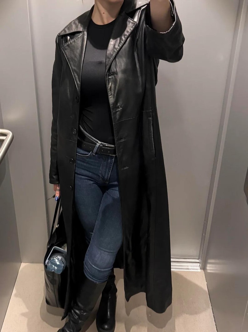 Women's Black Leather Longline Coat | Maxi Duster Trench Oversized Open ...