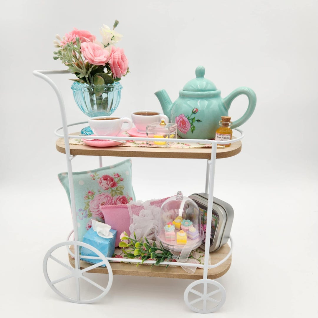 Mini Pink & Blue Tea Set, White Tea Cart And/or Decorations for 18 Inch ...