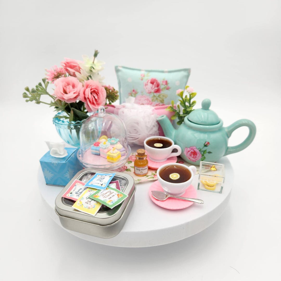 Mini Pink & Blue Tea Set, Gold Tea Cart And/or Decorations for 18 Inch ...