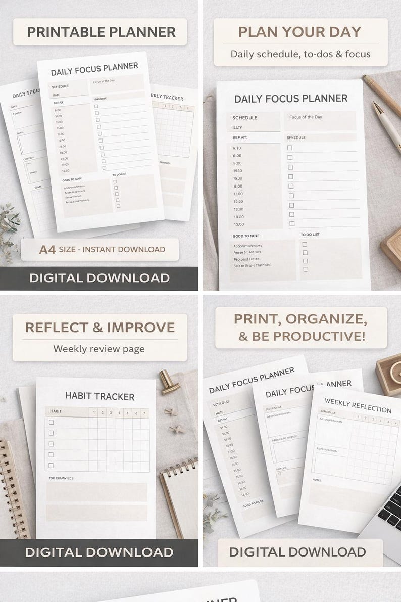 Printable Daily Focus Planner A4 | Minimal Productivity Planner | Habit ...