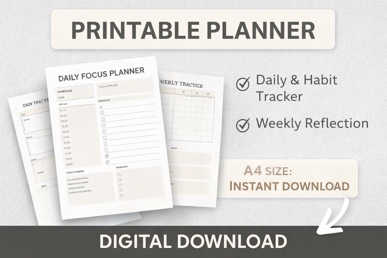 Printable Daily Focus Planner A4 | Minimal Productivity Planner | Habit ...