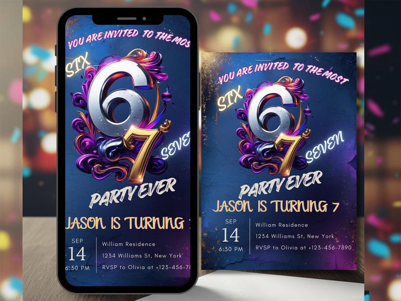 Six Seven Party Birthday Invitation: Editable Boy Girl 6-7 Meme Evite ...
