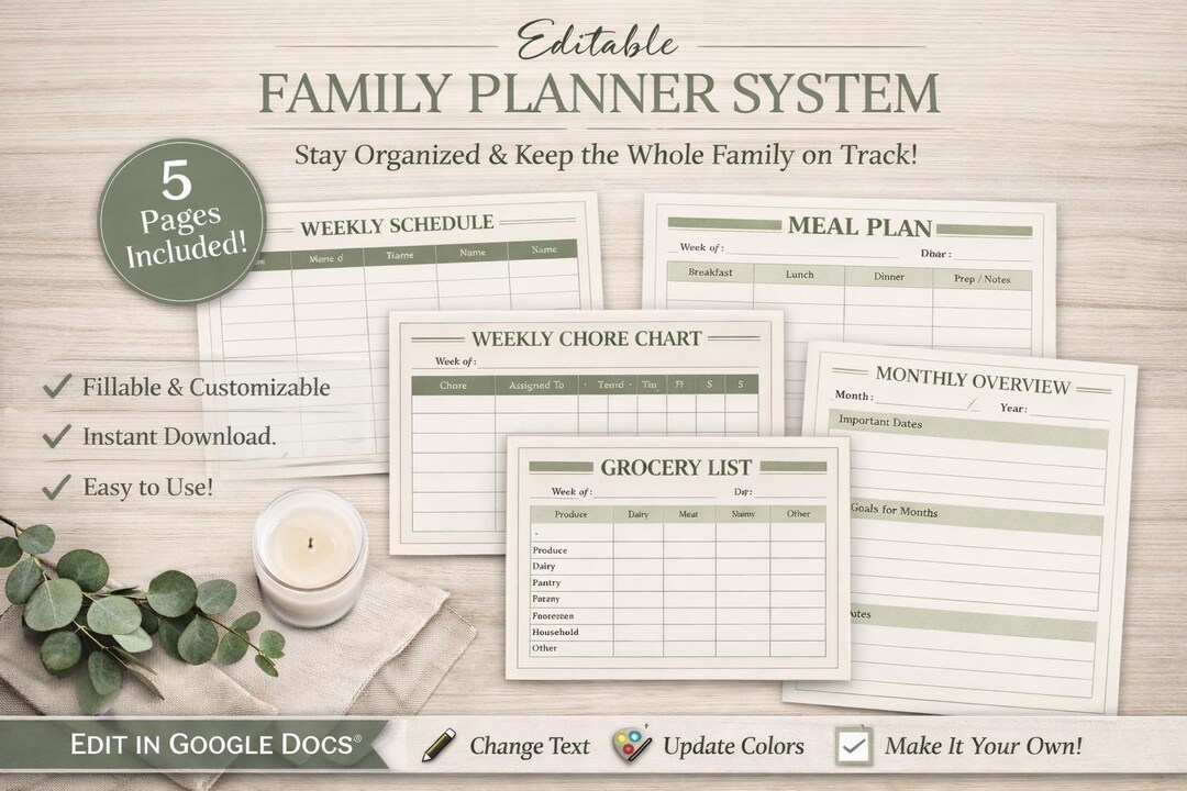 Editable Family Planner System | Weekly Schedule, Meal Plan, Grocery ...