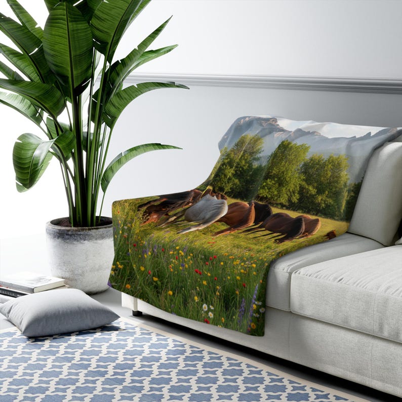 Sherpa Fleece Blanket Horses in Wildflower Meadow | Mountain Pasture ...