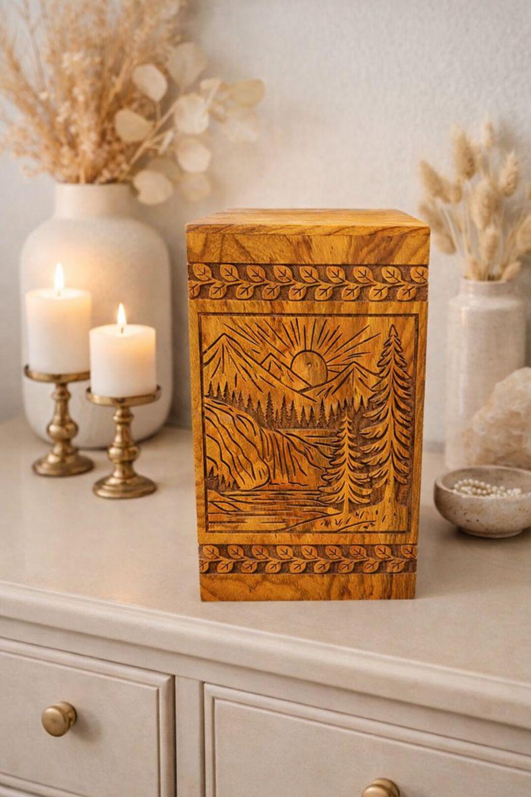 Hand Carved Wooden Cremation Urn | Mountain Sunrise Design. - Etsy