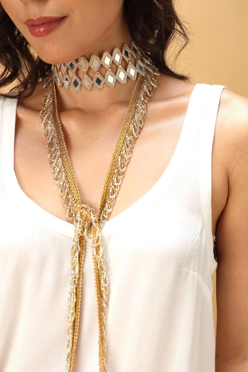Gold Beaded Lace Neck Tie Necklace – Boho Glam Statement Jewelry ...