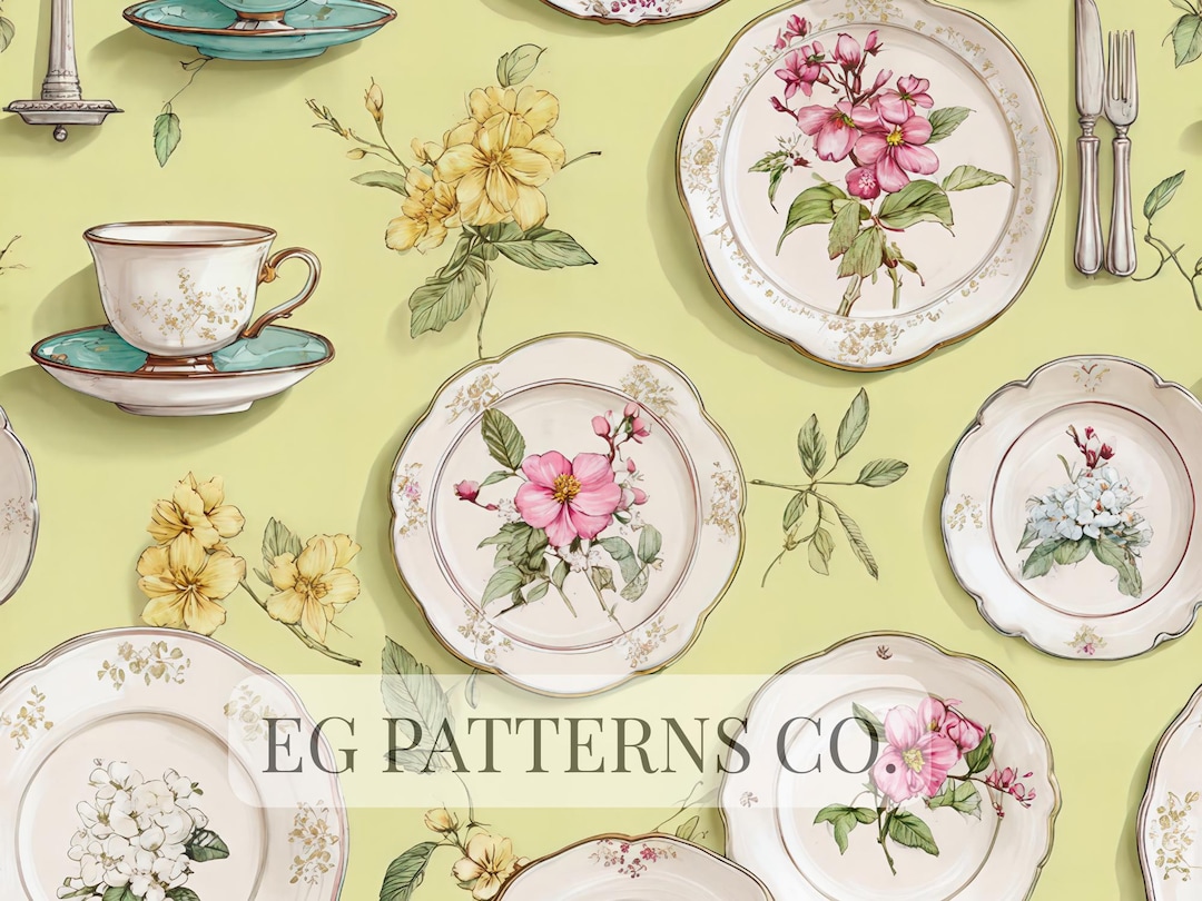 Vintage Floral Tea Set Seamless Pattern, Spring Shabby Chic Dinnerware ...