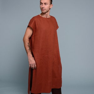 SANGA Men's Long Linen Tunic - High Slits, Loose Flax Shirt Short ...