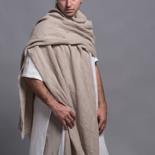 Natural Linen Shawl Wrap Wide Extra Long Linen Scarf Men | Etsy