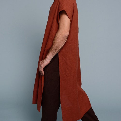 SANGA Men's Long Linen Tunic High Slits Loose Flax | Etsy