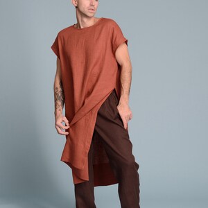 SANGA Men's Long Linen Tunic - High Slits, Loose Flax Shirt Short ...