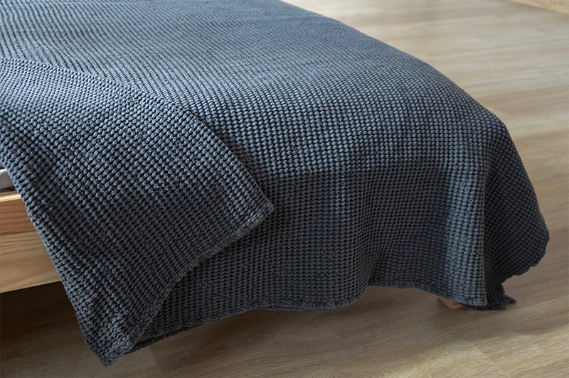 Black Linen Bed cover Natural Linen Bedspread Waffle Heavy | Etsy