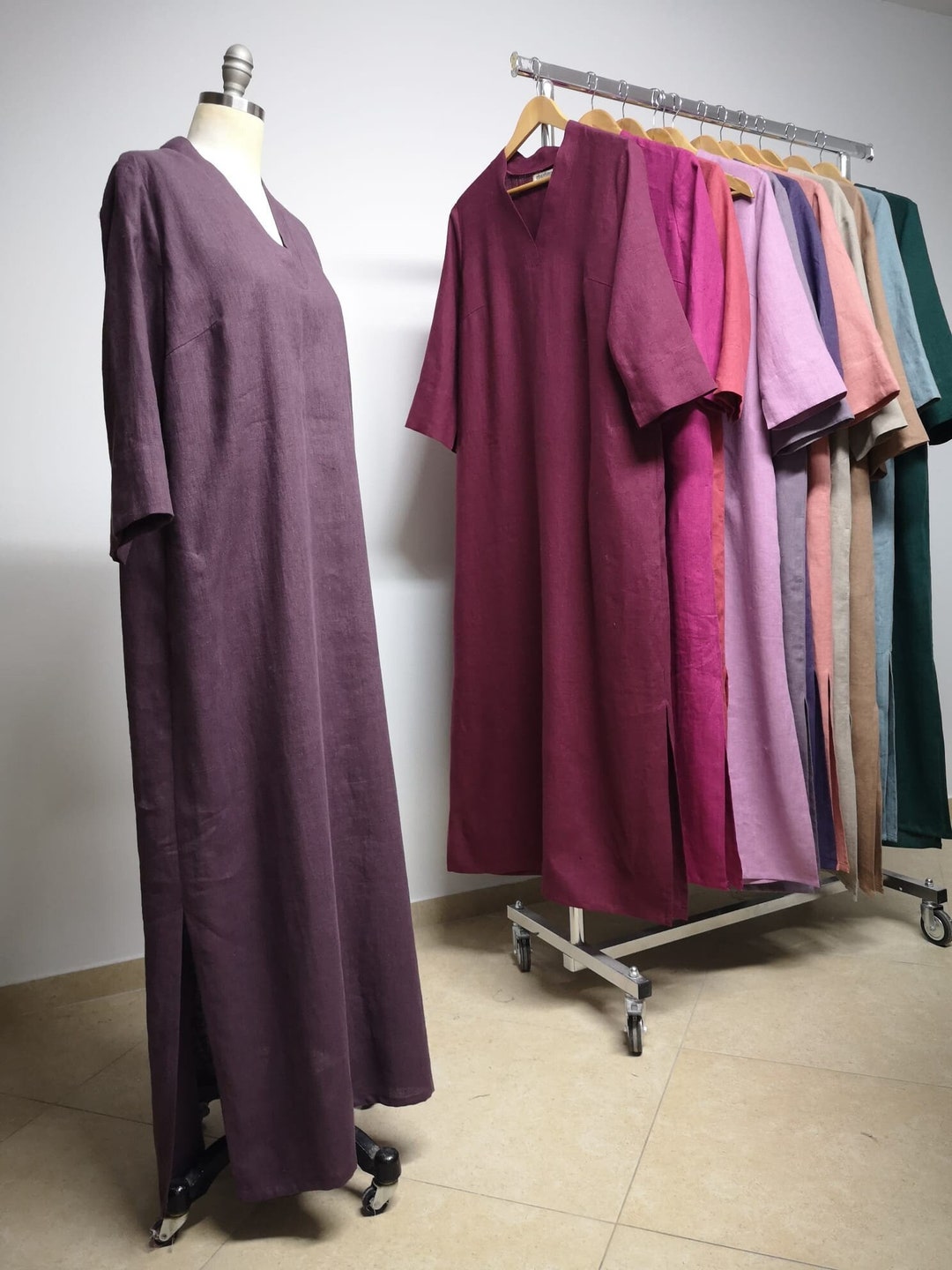 Oriental Jellaba Long Dress in RIPE FIG Color | Women's Linen Dress ...