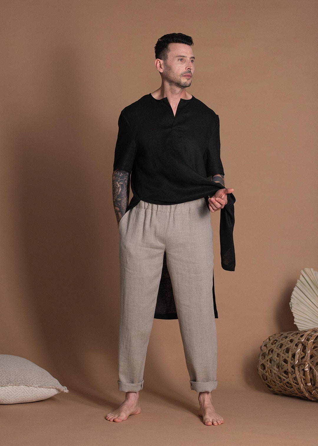 Men's Linen Pants YOSH, Custom Made Natural Flax Linen Trousers for Men ...