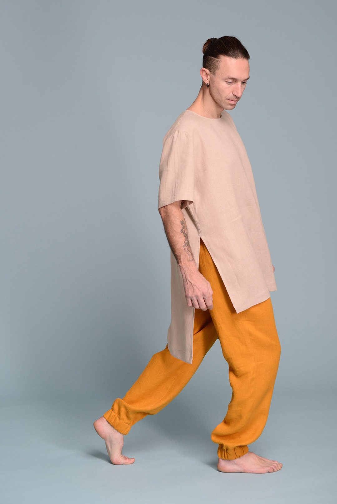 TOR Linen Men's Tunic Shirt Short Sleeve, Natural Flax Shirt, Loose ...