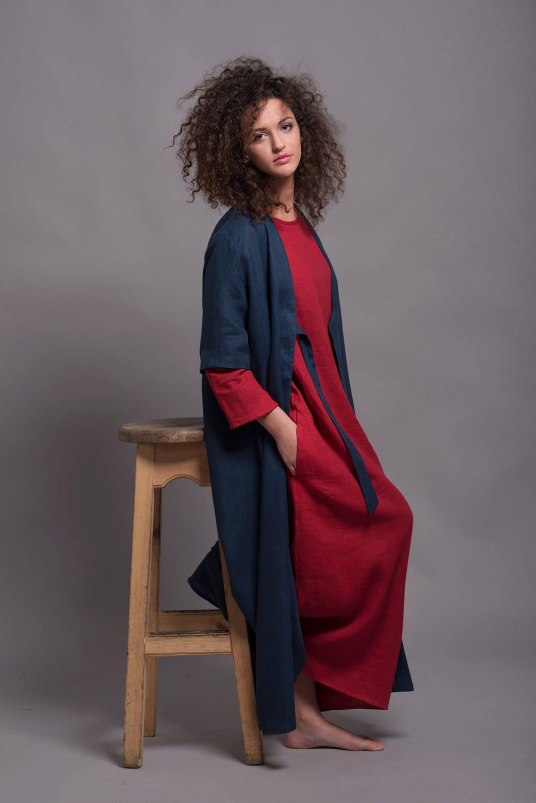 Linen Caftan Dress Set | Open Front Duster, Maxi Dress - Etsy
