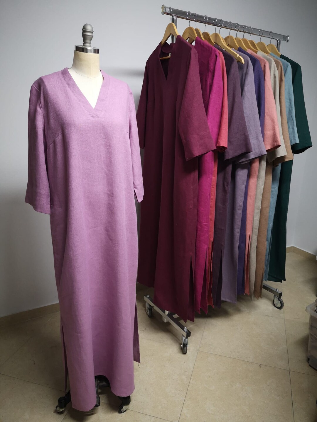 Women's Jellaba Long Dress: Pink Mauve Linen 3/4 Sleeve V-neck Galabeya ...