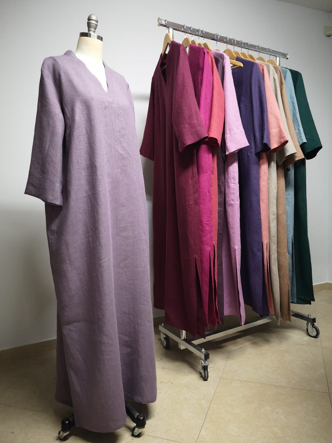 Long Linen Dress in DUSTY MAUVE Color | Jellaba Dress With 3/4 Sleeve ...