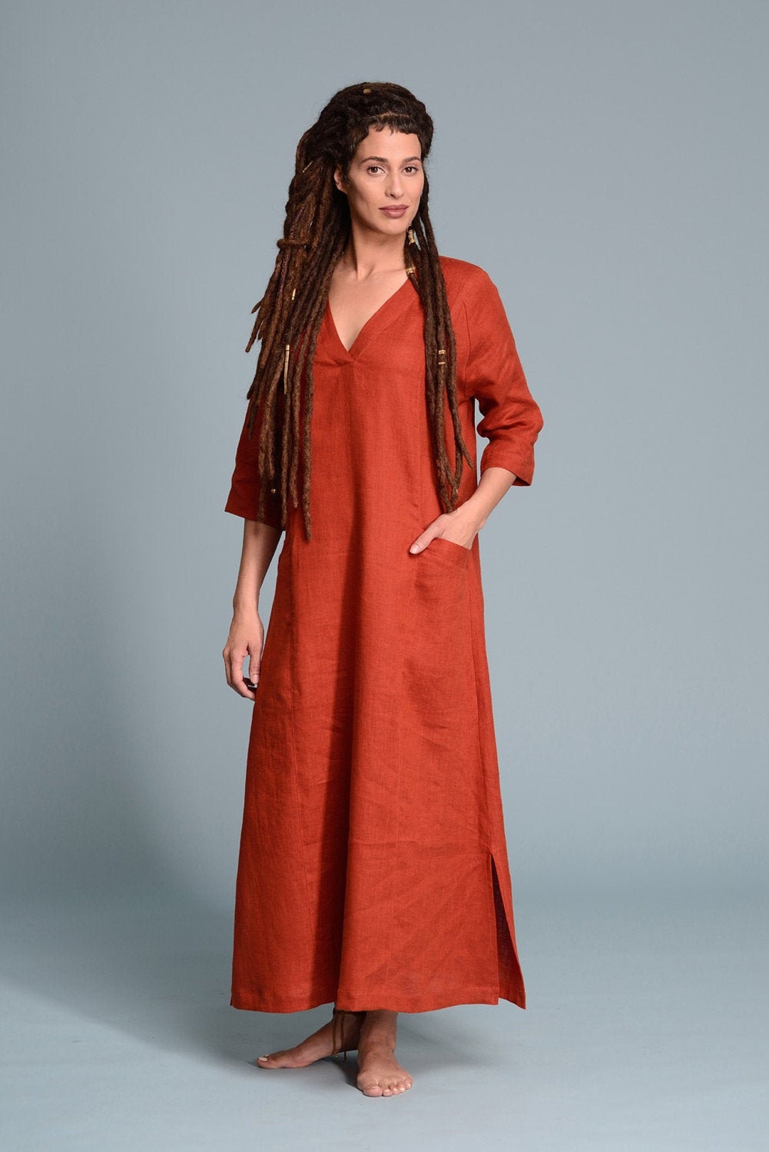 MIDBAR Long Linen Dress With Sleeve, Women's Kaftan Dress, Galabeya ...