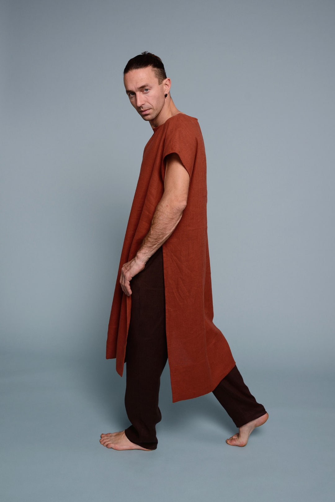 SANGA Men's Long Linen Tunic - High Slits, Loose Flax Shirt Short ...
