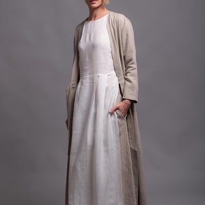 HENK Long Linen Jacket, Maxi Beige Linen Coat, Long Sleeves Vegan ...