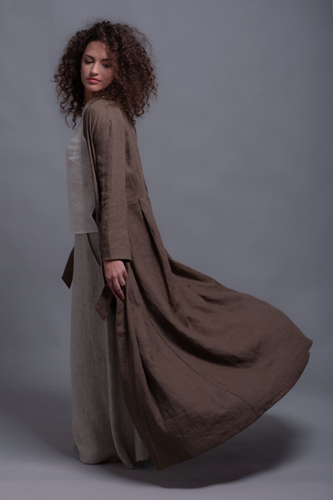 HENK Long Linen Coat, Brown Flax Jacket, Long Sleeves Vegan Jacket ...