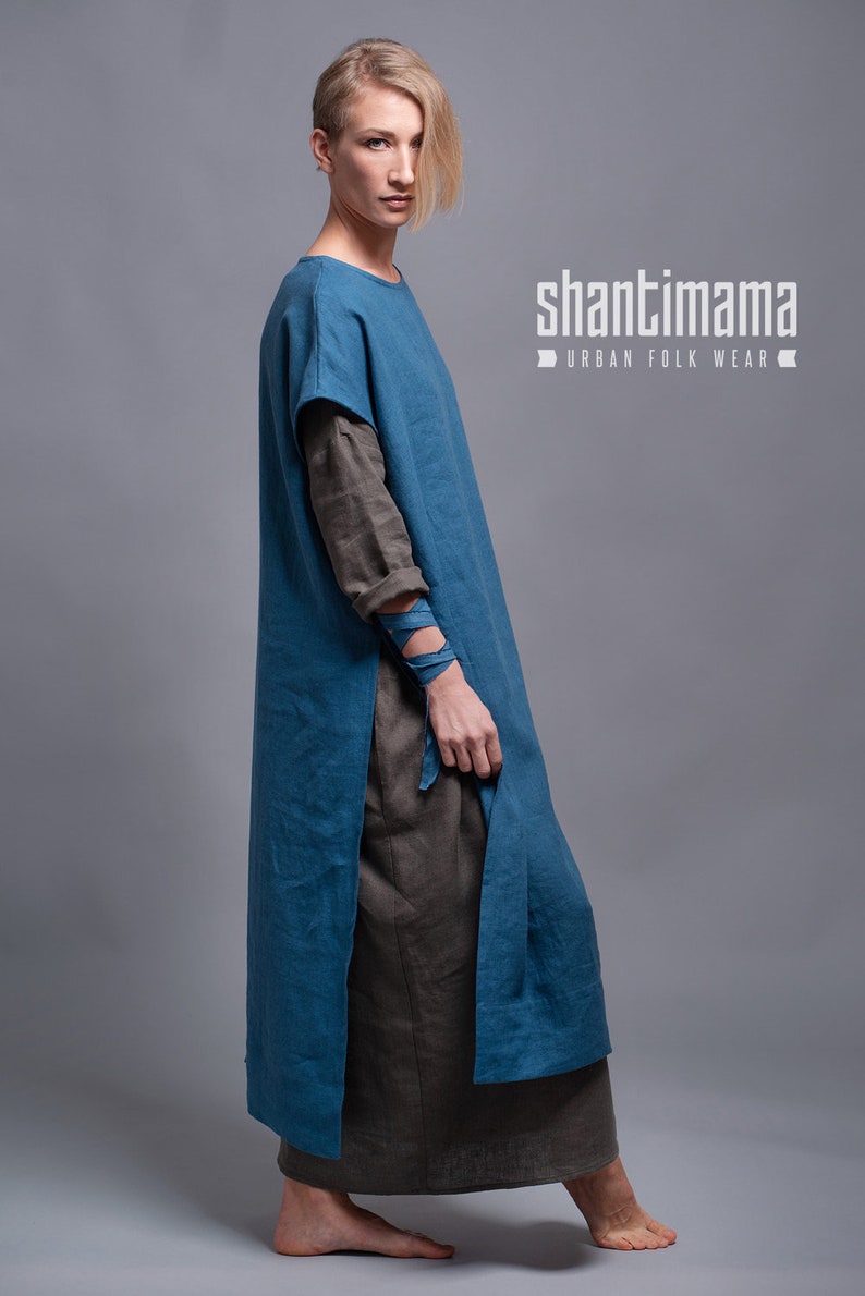 Loose Linen Tunic Dress SANGA Casual Blue Day Dress Plus | Etsy