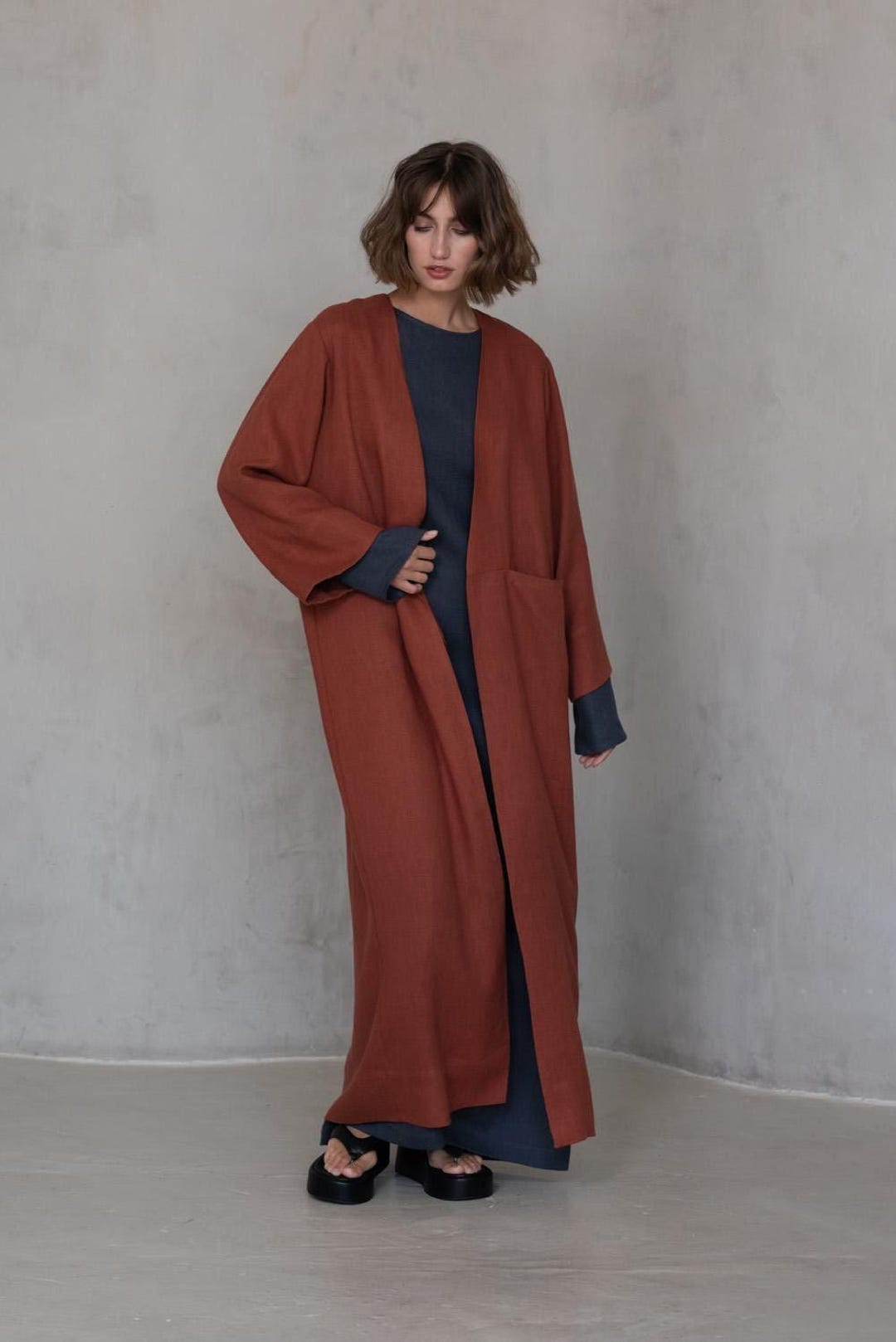 Long Linen Coat KRIS – Women's Custom-made Open Front Jacket With ...
