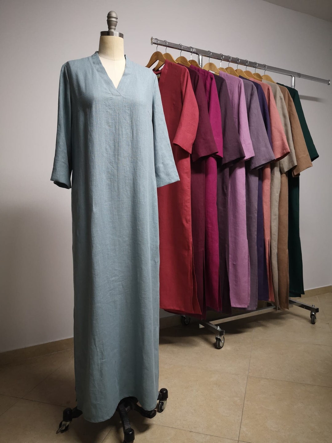 Light Teal Linen Dress With 3/4 Sleeve MIDBAR Size M | Custom Made ...