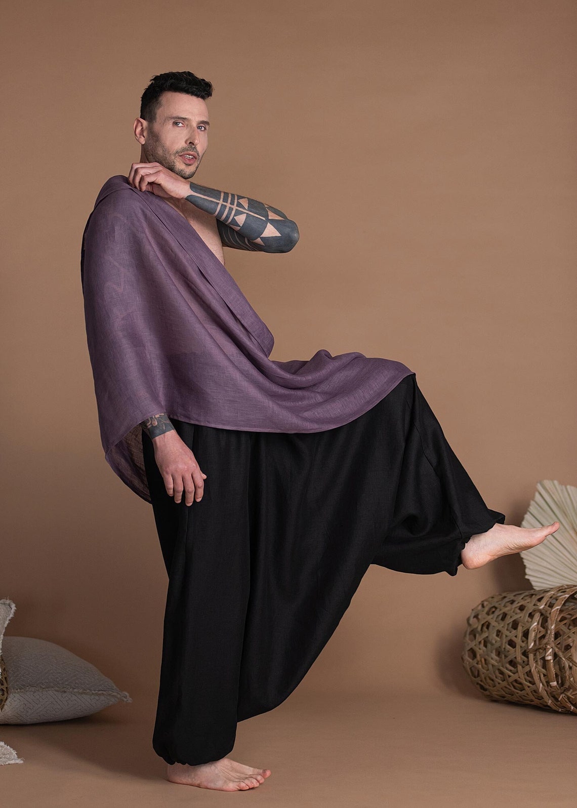 Men's Aladdin Pants NOAH Black Natural Linen Harem Pants | Etsy