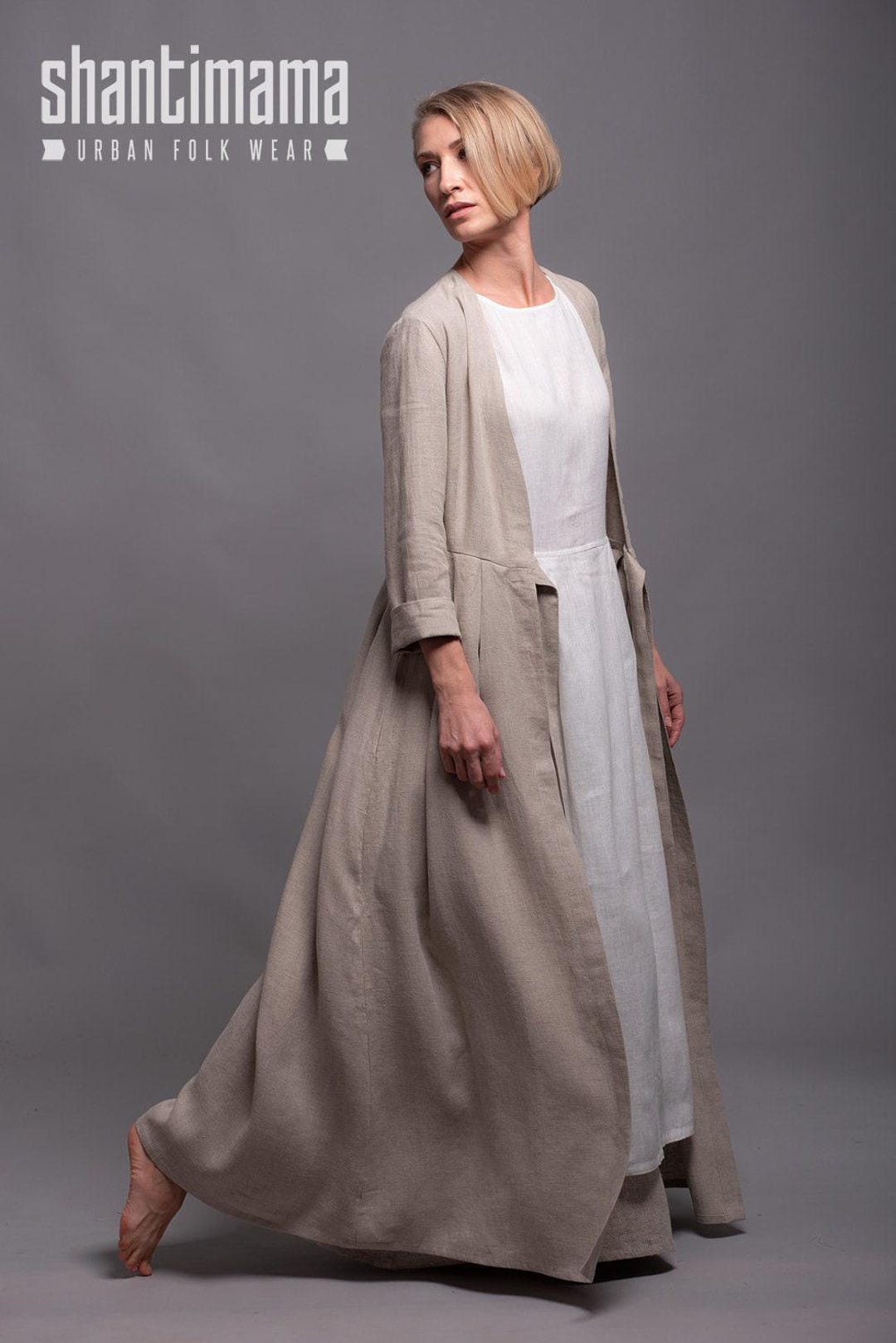 HENK Long Linen Jacket, Maxi Beige Linen Coat, Long Sleeves Vegan ...