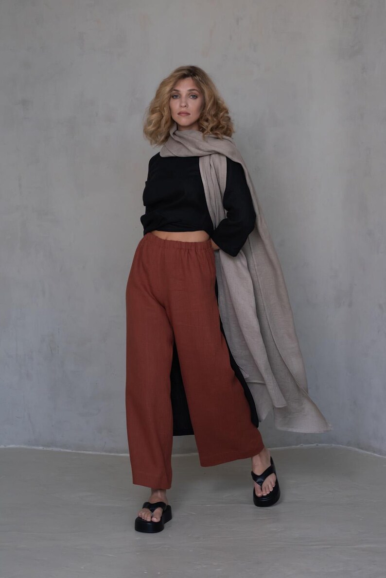 White Wide Leg Linen Pants for Women, Full Length Flax Trousers With ...