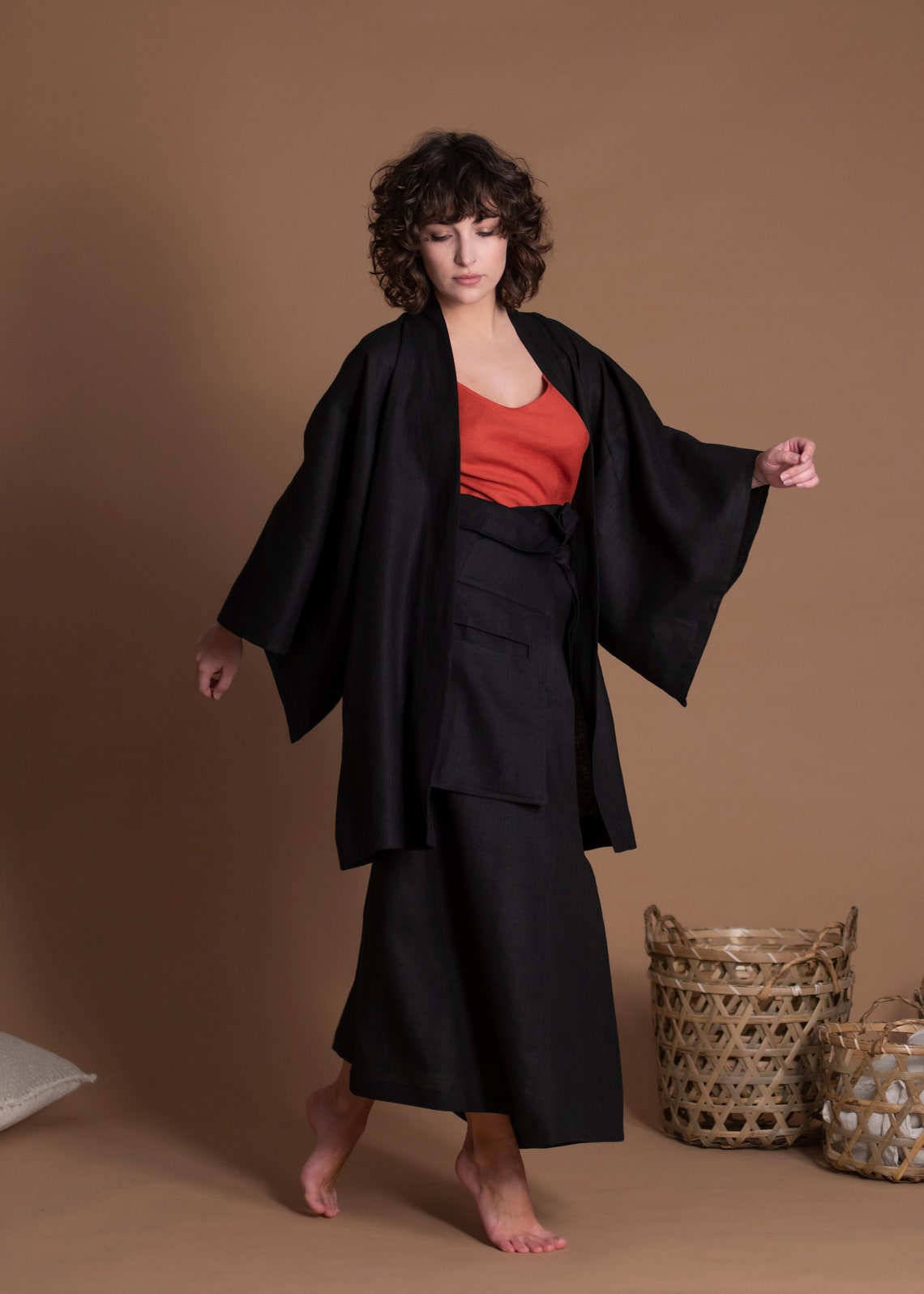 Black Linen Haori Jacket for Women Japanese Kimono Coat | Etsy
