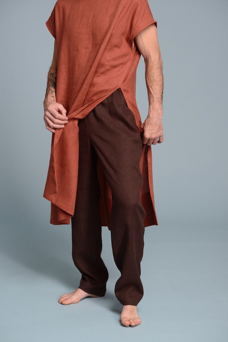 SANGA Men's Long Linen Tunic High Slits Loose Flax - Etsy