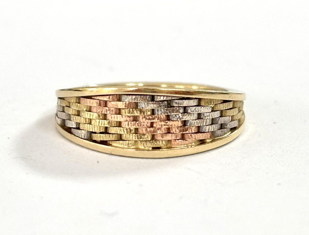 Vintage Gold Dome Ring Tricolor Woven Mesh Yellow 14k Gold Rose Gold ...