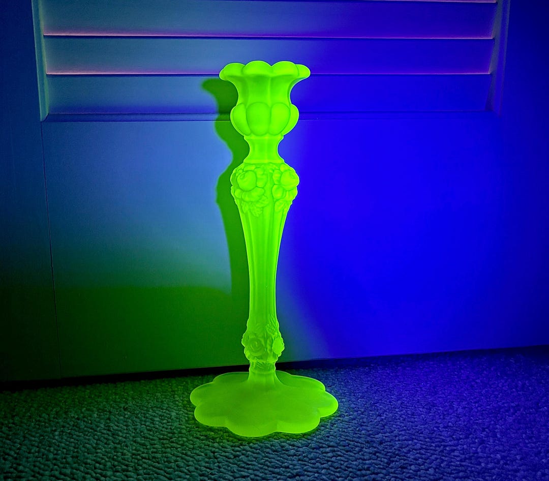 Antique Fenton Cabbage Rose Uranium Glass Candlestick - Vaseline Glass ...