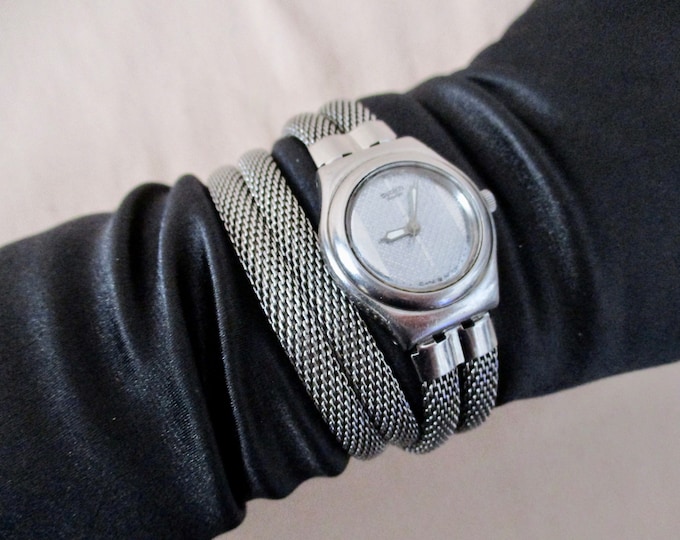 SWATCH Irony Womens Double Wrap Watch Silver Tone Bracelet Watch 1999 ...