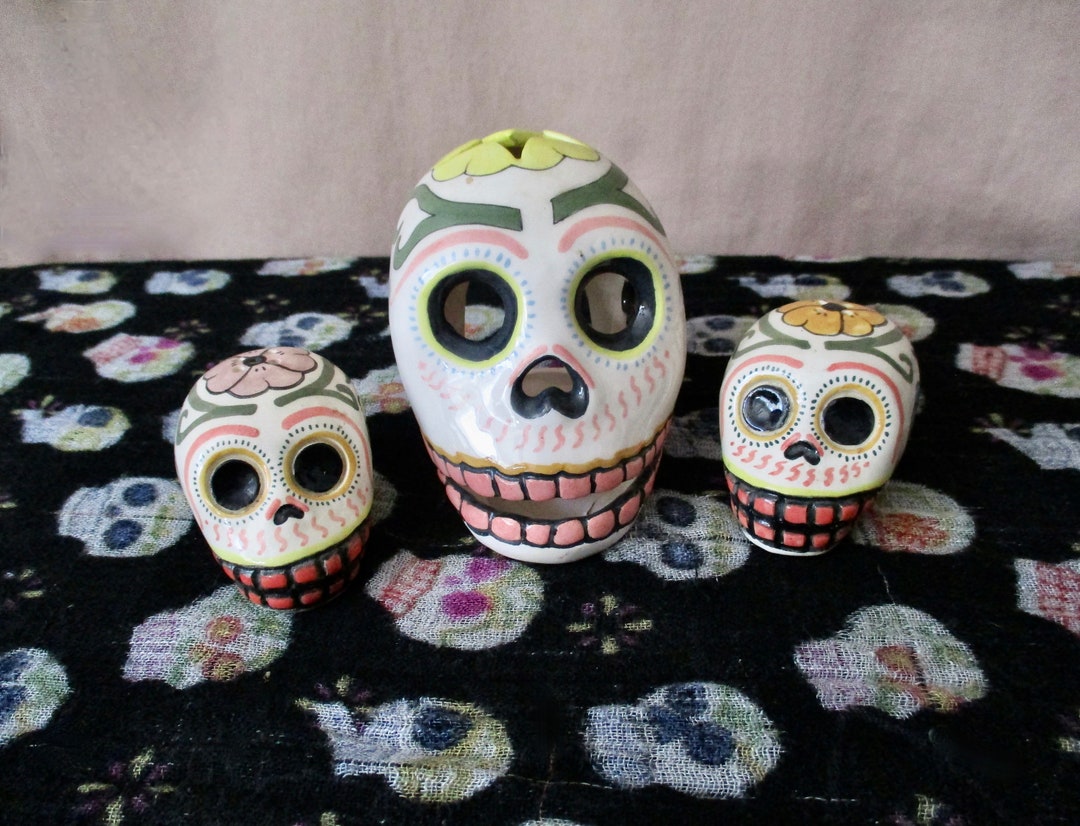 Day of the Dead Skull Set: Salt and Pepper Shakers and Candle Holder ...