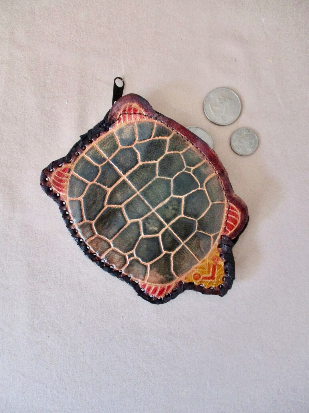 Vintage Leather Coin Purse TURTLE Shape Hand Tooled and Laced Dyed ...