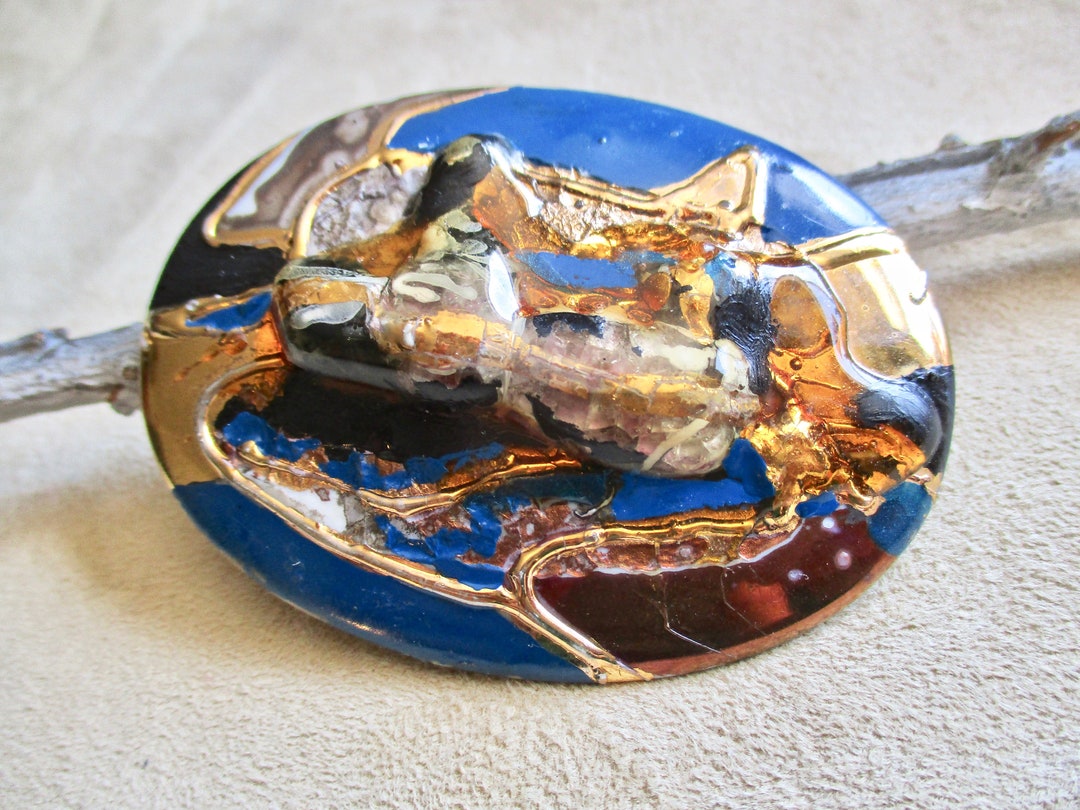 Ceramic Buckle Vintage 80s Blue Gold Bronze Copper Rose Gold Raised ...